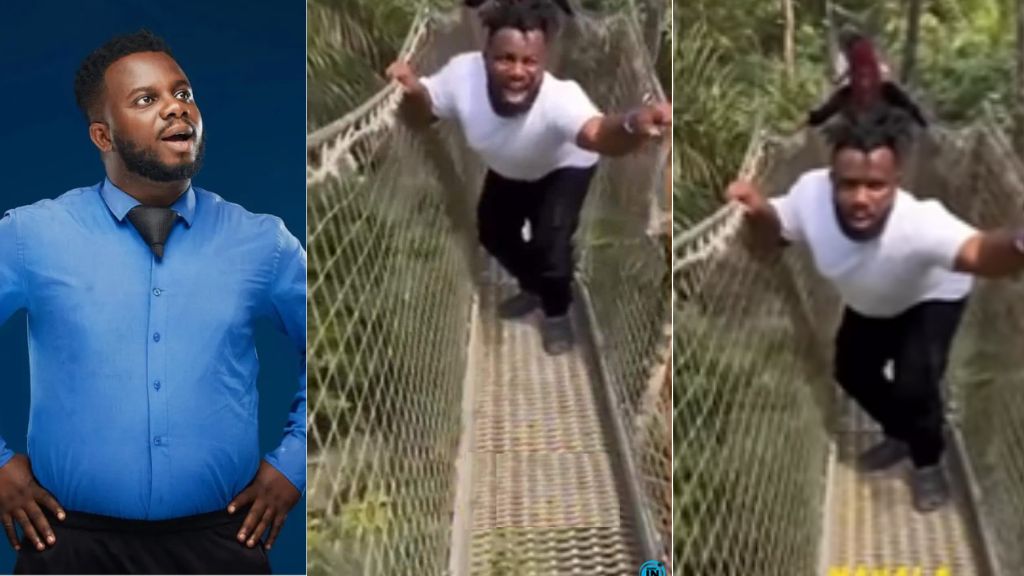 "Investor don panic" - Sabinus screams out in fear during a rope bridge ...